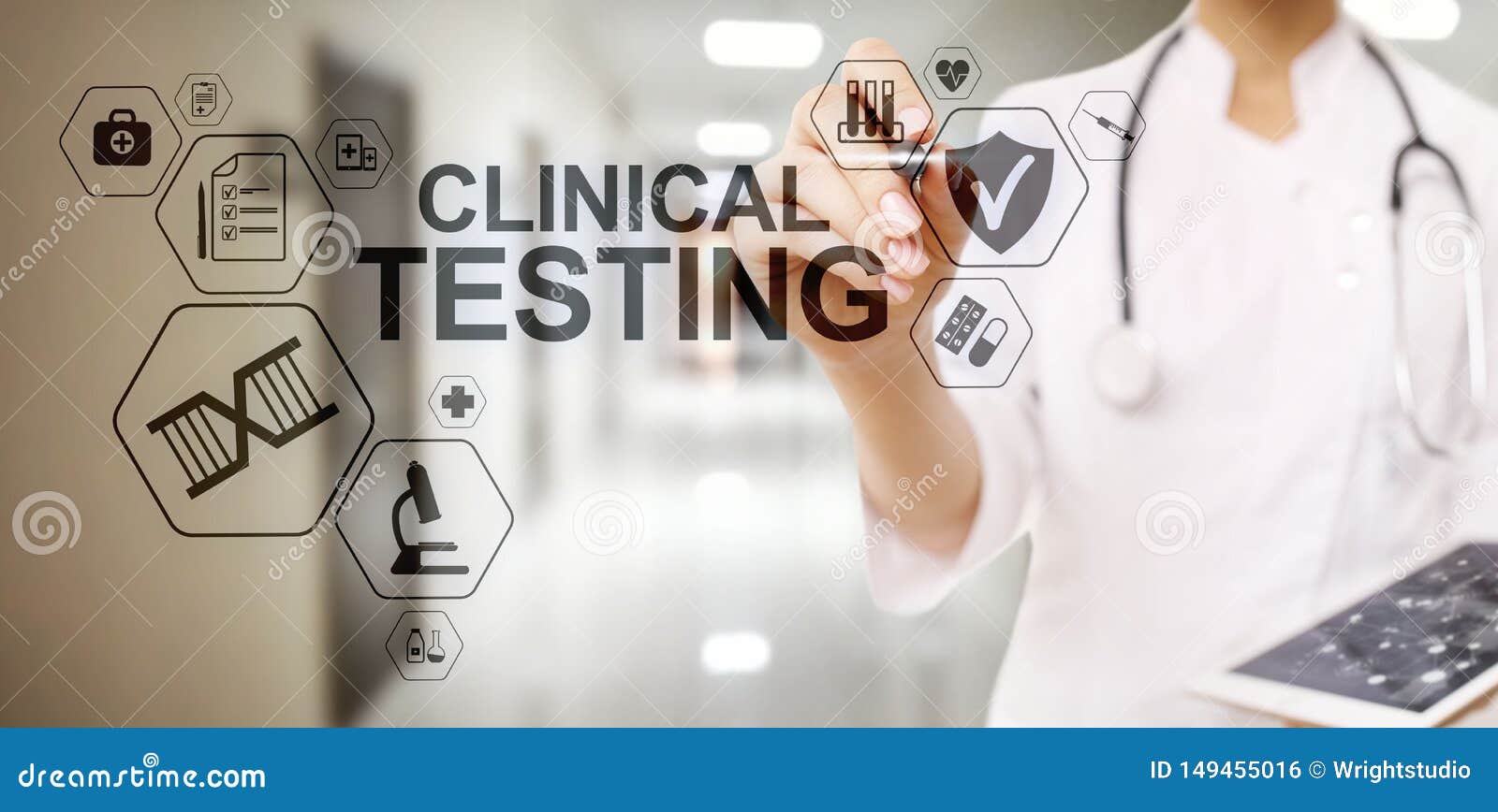 Clinical Testing Research, Pharmacy and Medicine Concept on Screen ...