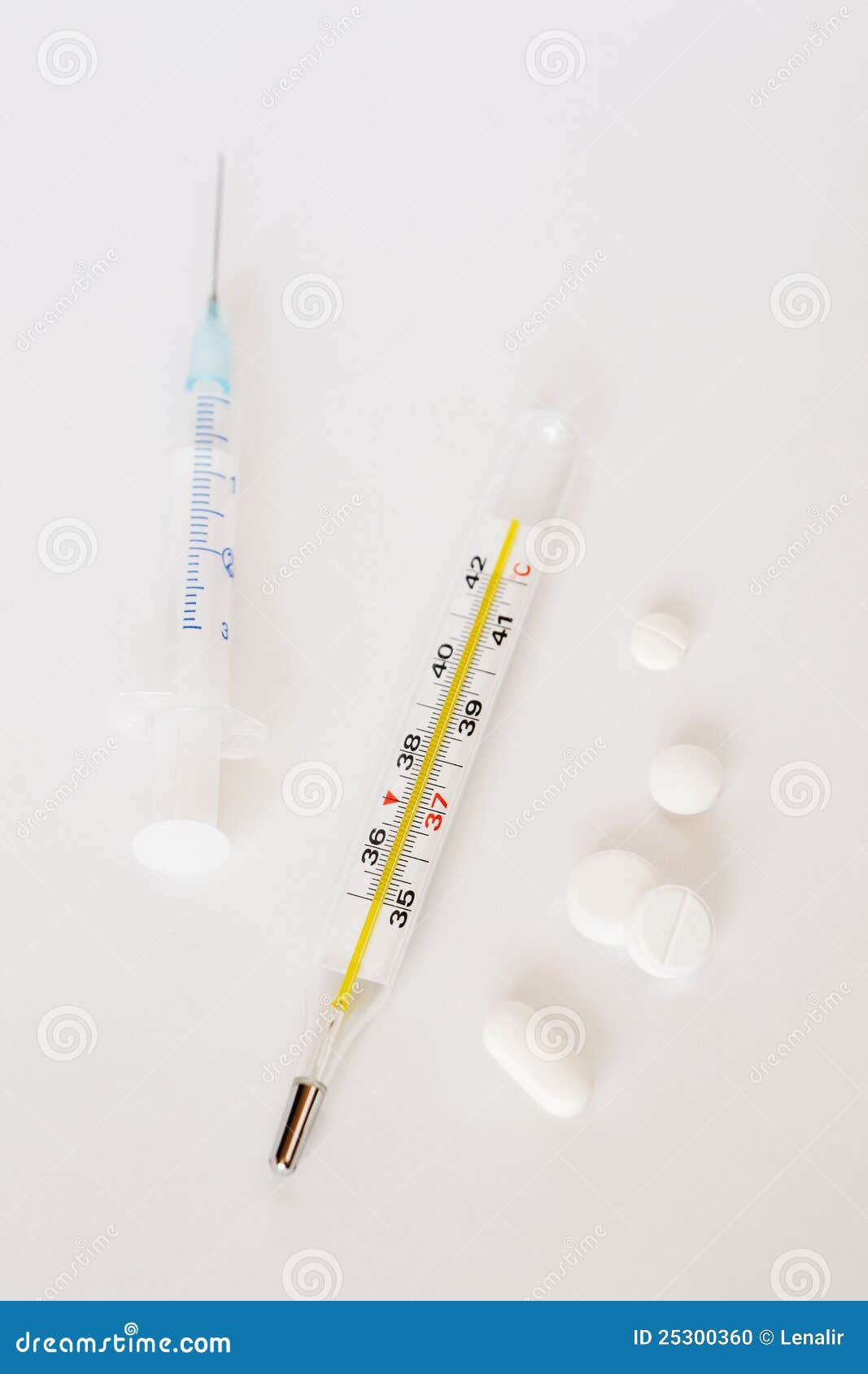 Clinical Thermometer, Syringe and White Pills Stock Photo - Image of ...