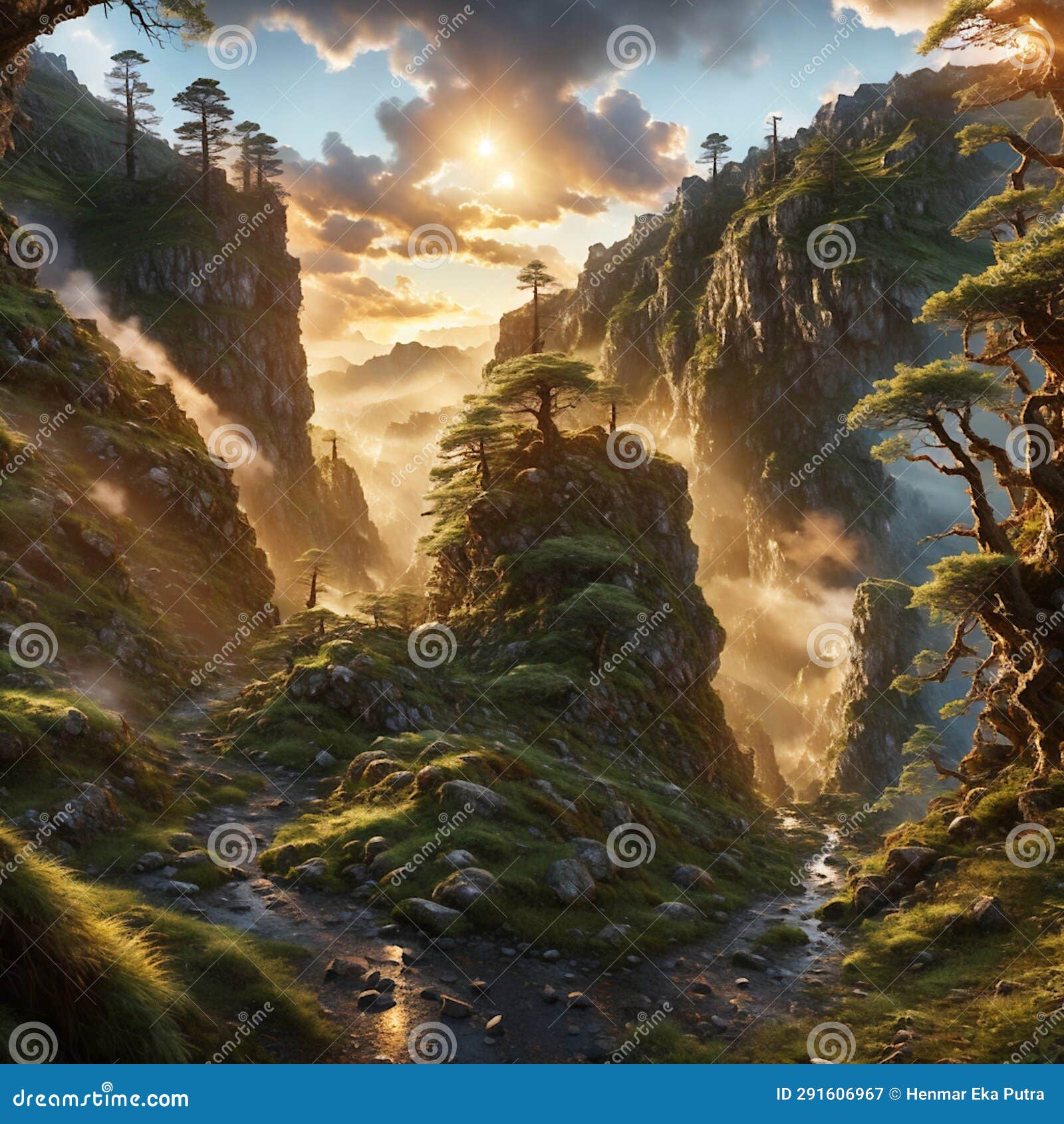 A Clip Art of a Dramatic Mountain Pass with Towering Cliffs, Surrounded ...