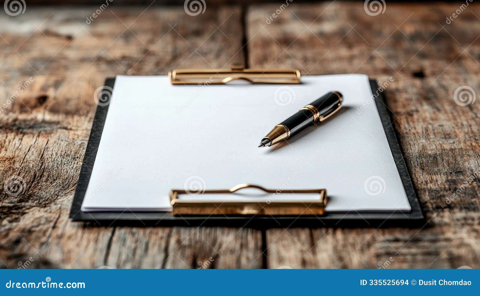 A Clipboard with Blank Paper and Pen is Placed on Rustic Wooden Surface ...