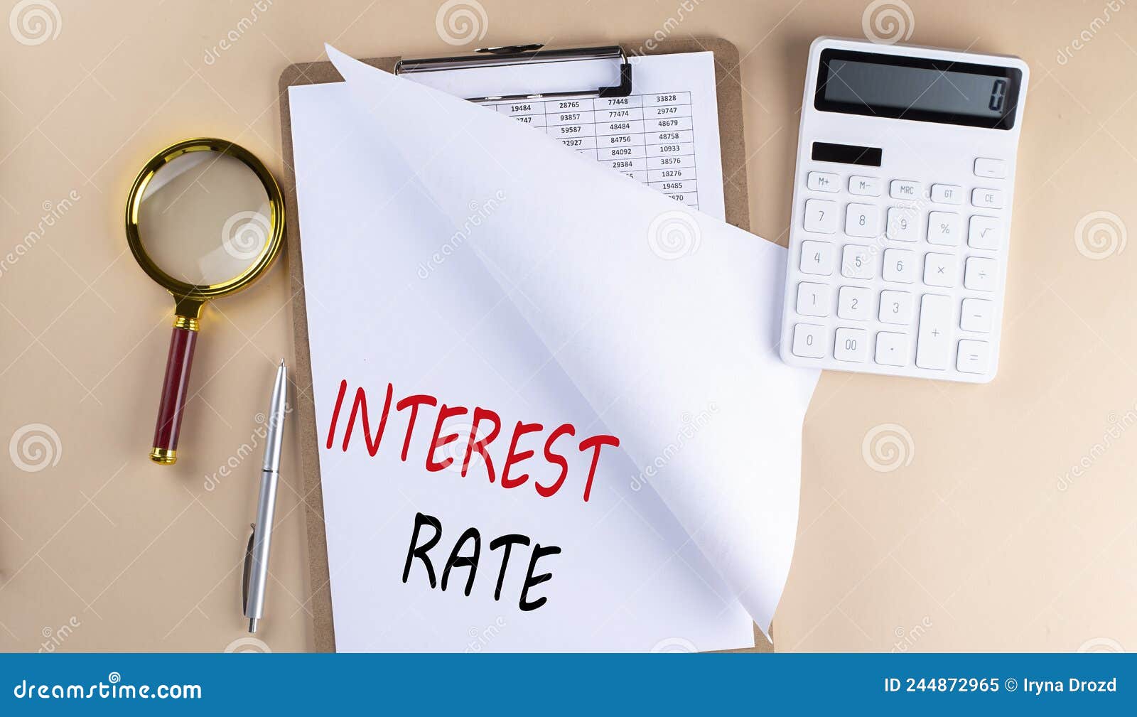 Clipboard with Chart and Text INTEREST RATE with Magnifier ,calculator ...