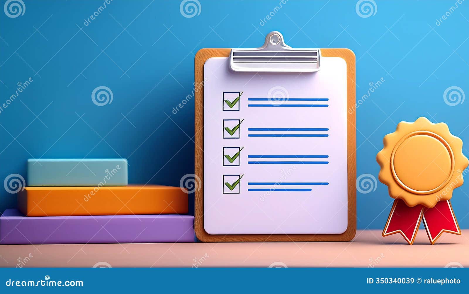 Clipboard with Check Marks and Golden Award Ribbon on a Table Stock ...