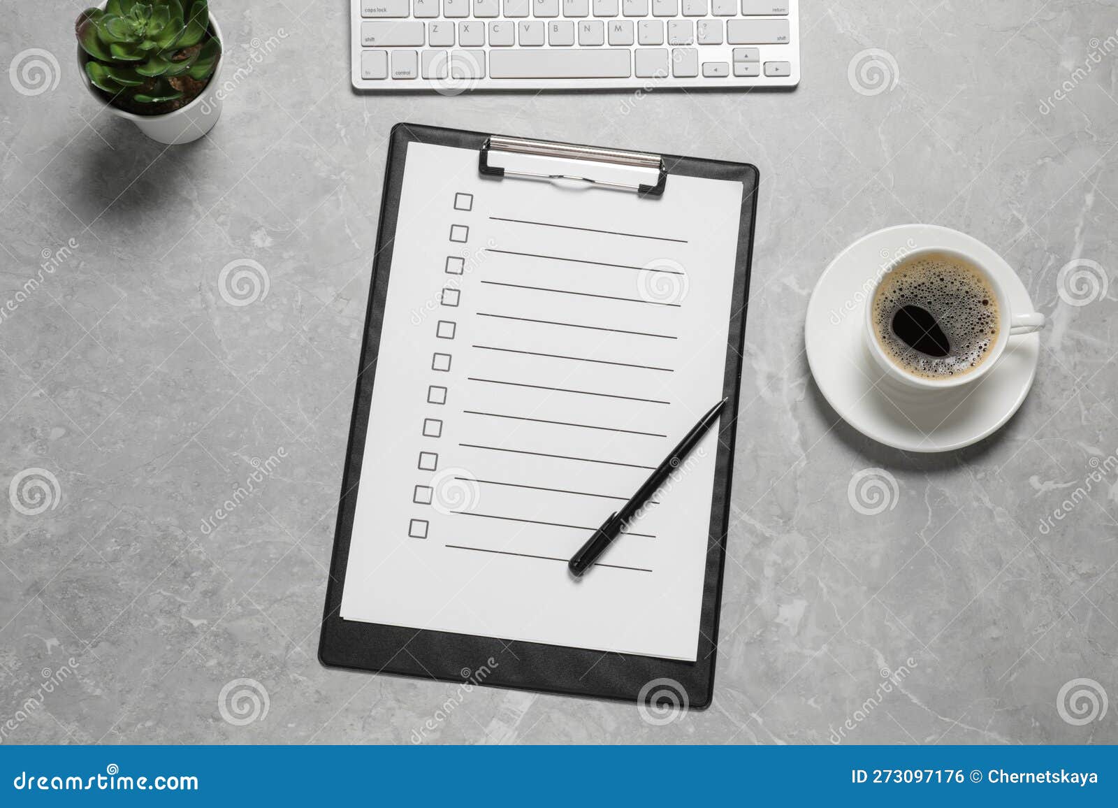 Clipboard with Checkboxes, Cup of Coffee Plant and Computer Keyboard on ...