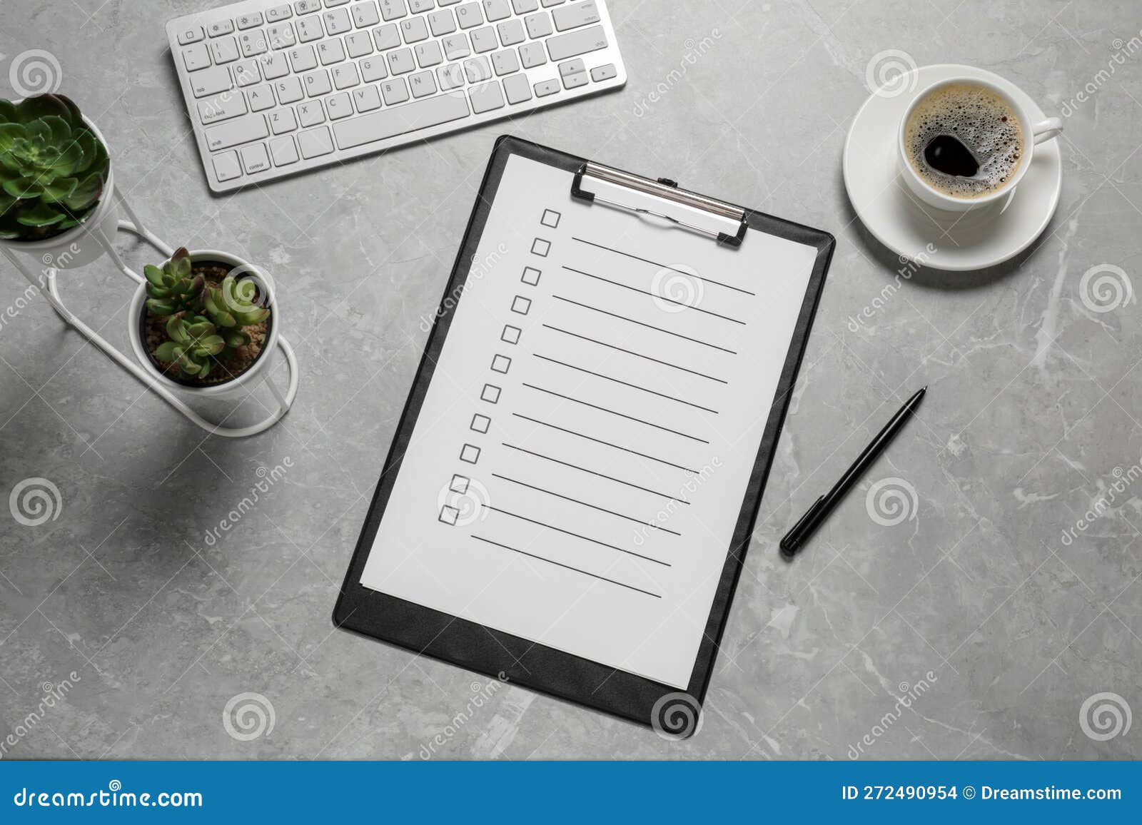 Clipboard with Checkboxes, Cup of Coffee, Plants and Computer Keyboard ...