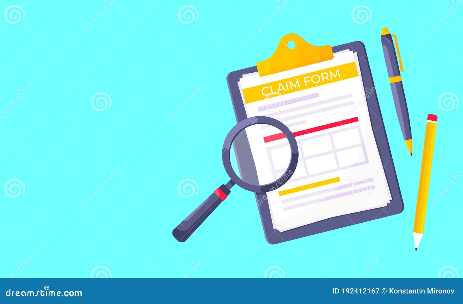 Clipboard With Claim Form On It, Paper Sheets, Magnifying Glass ...