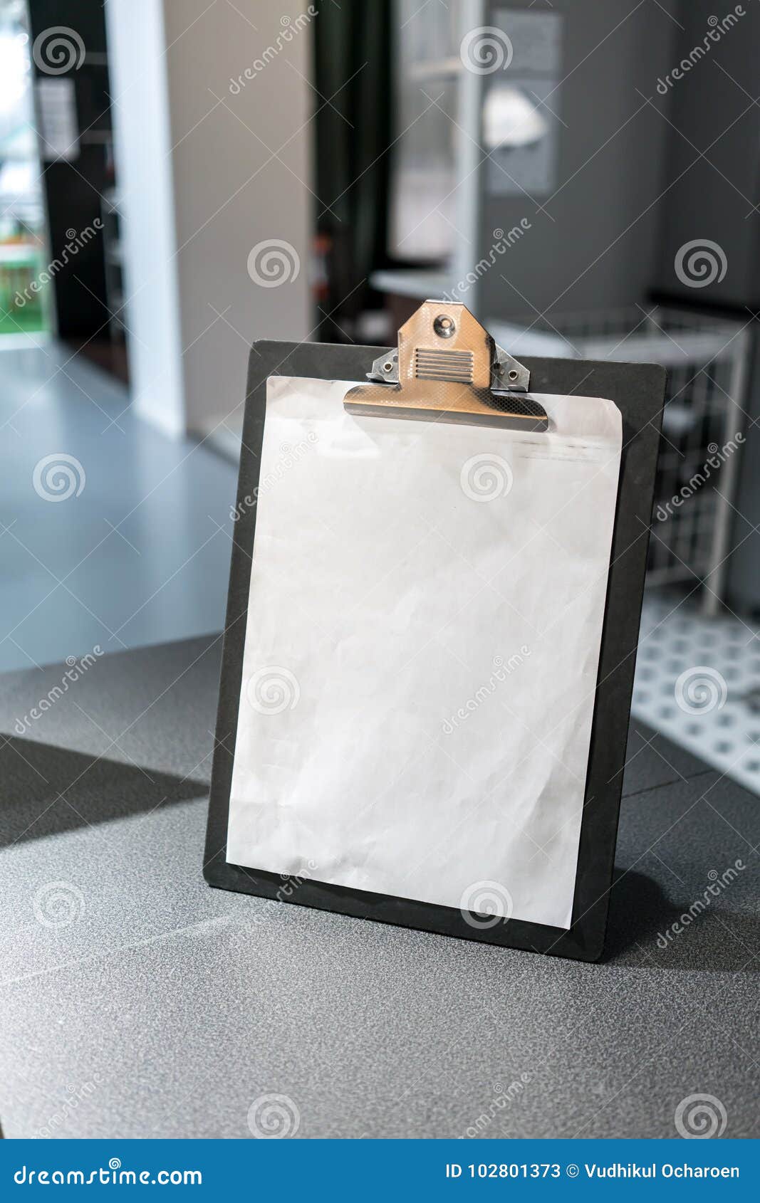 Clipboard Folder with Copy Space for Text Stand on Grey Desk Stock ...
