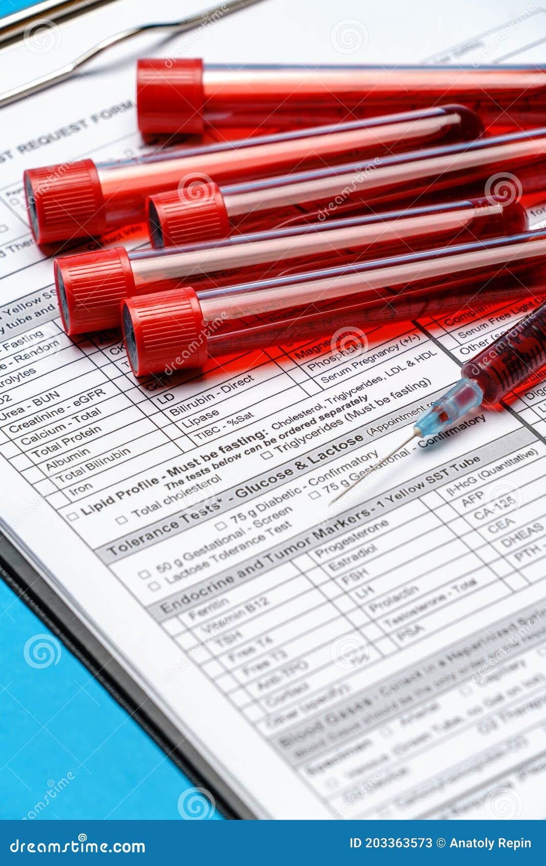 Clipboard with Paper Blank Form with Blood Test Tubes on Blue ...