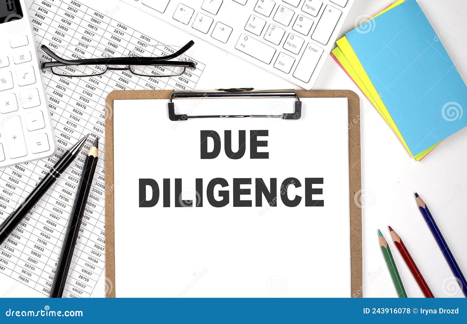 Clipboard with Text DUE DILIGENCE and Keyboard and Chart on White ...