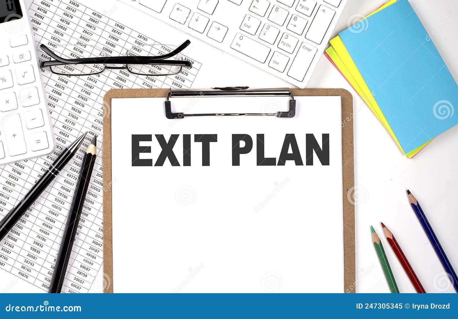 Clipboard with Text EXIT PLAN Keyboard and Chart on White Background ...