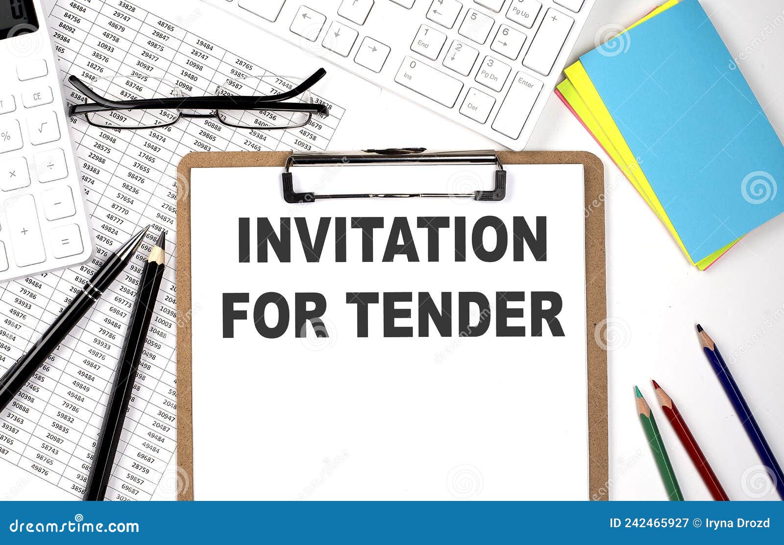 Clipboard with Text INVITATION for TENDER and Keyboard and Chart on ...