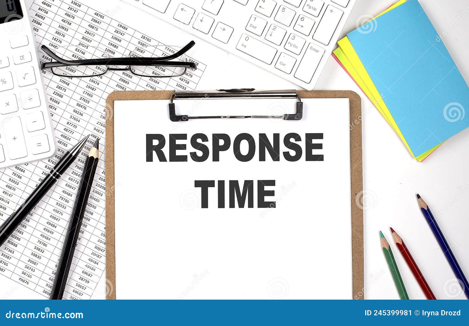 Clipboard with Text RESPONSE TIME Keyboard and Chart on White ...