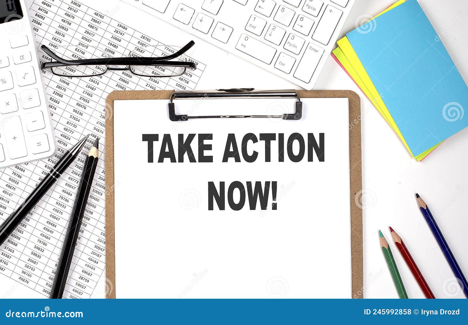 Clipboard with Text TAKE ACTION NOW and Keyboard and Chart on White ...