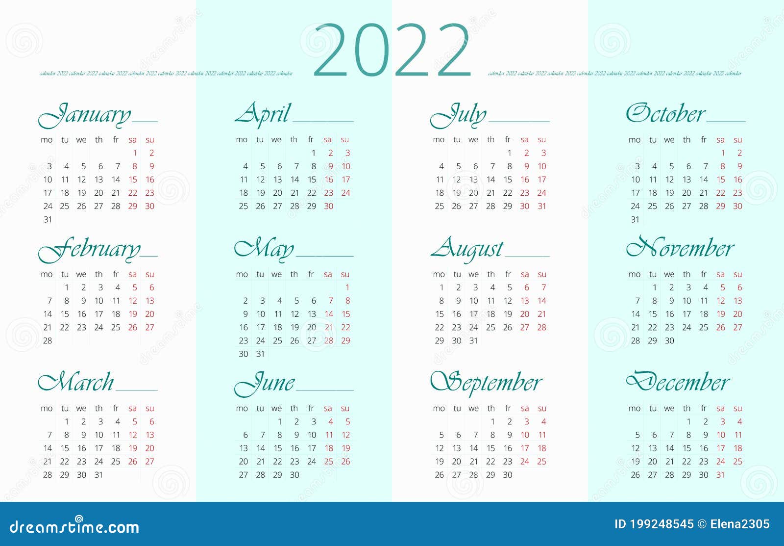 2022 Calendar Template in English. 12 Months. Stock Vector ...