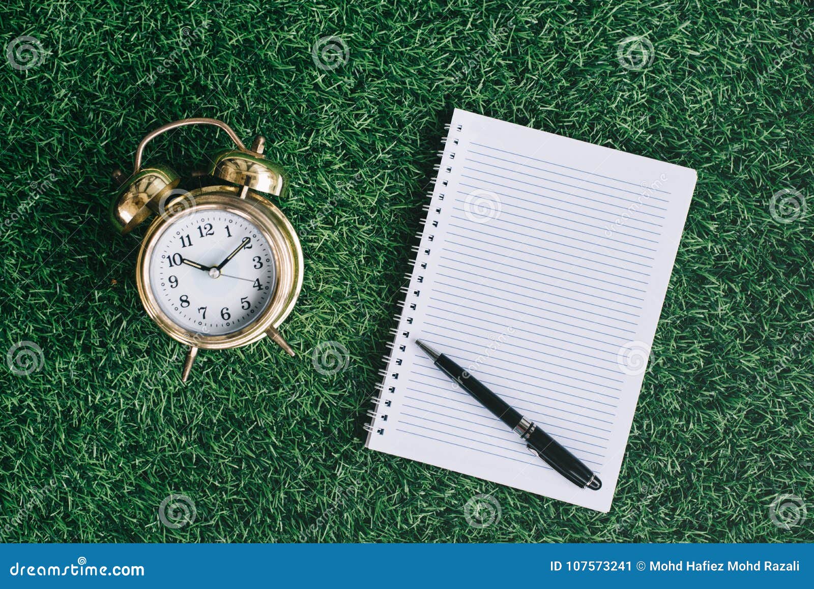 Clock and Blank Notebook on a Green Grass Stock Image - Image of nature ...