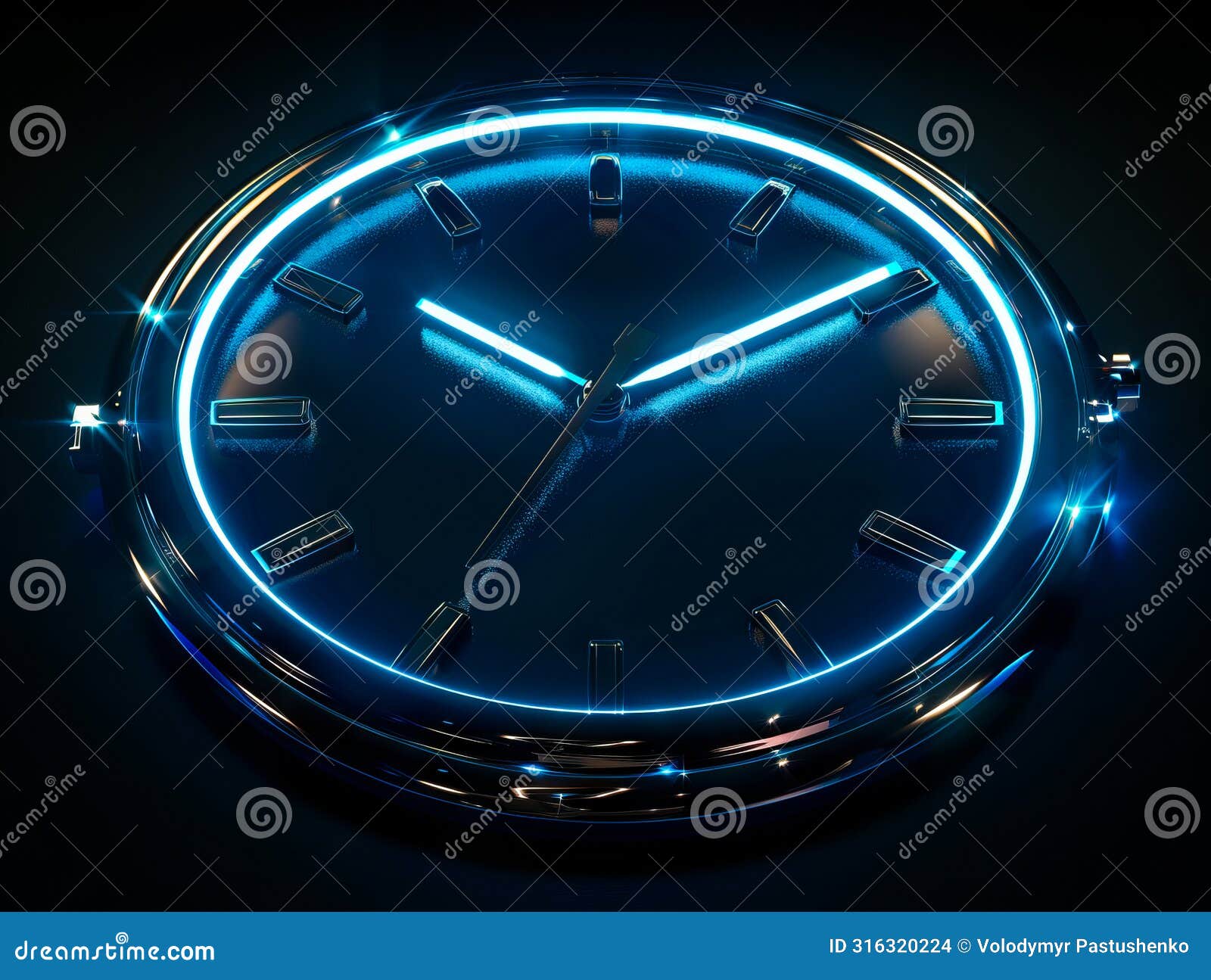 A Clock with Blue Neon Lights on a Black Background Stock Photo - Image ...