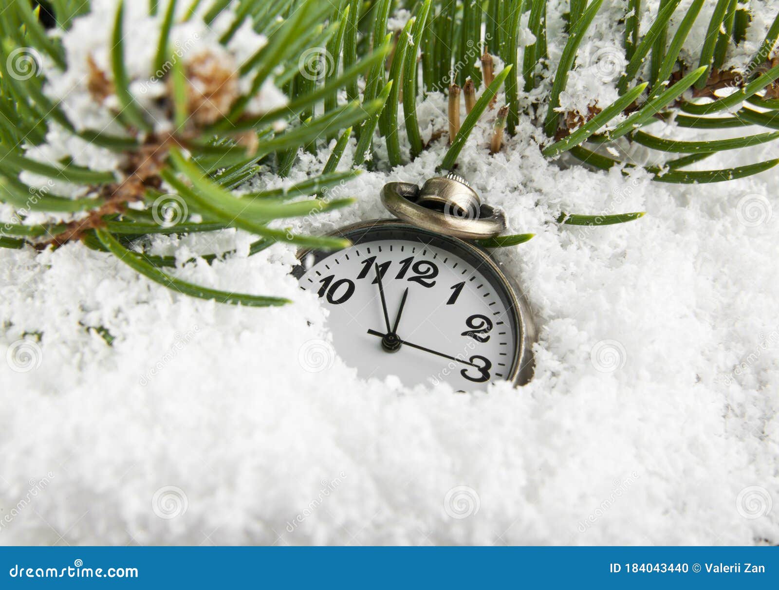 Clock and Branch of a Tree in the Snow Stock Photo - Image of hour ...