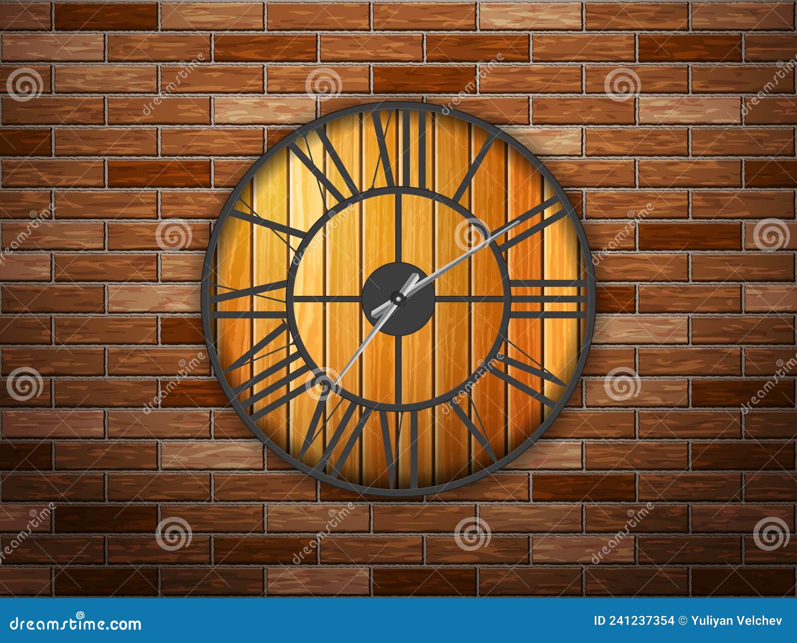 Clock on brick wall stock vector. Illustration of watch - 241237354