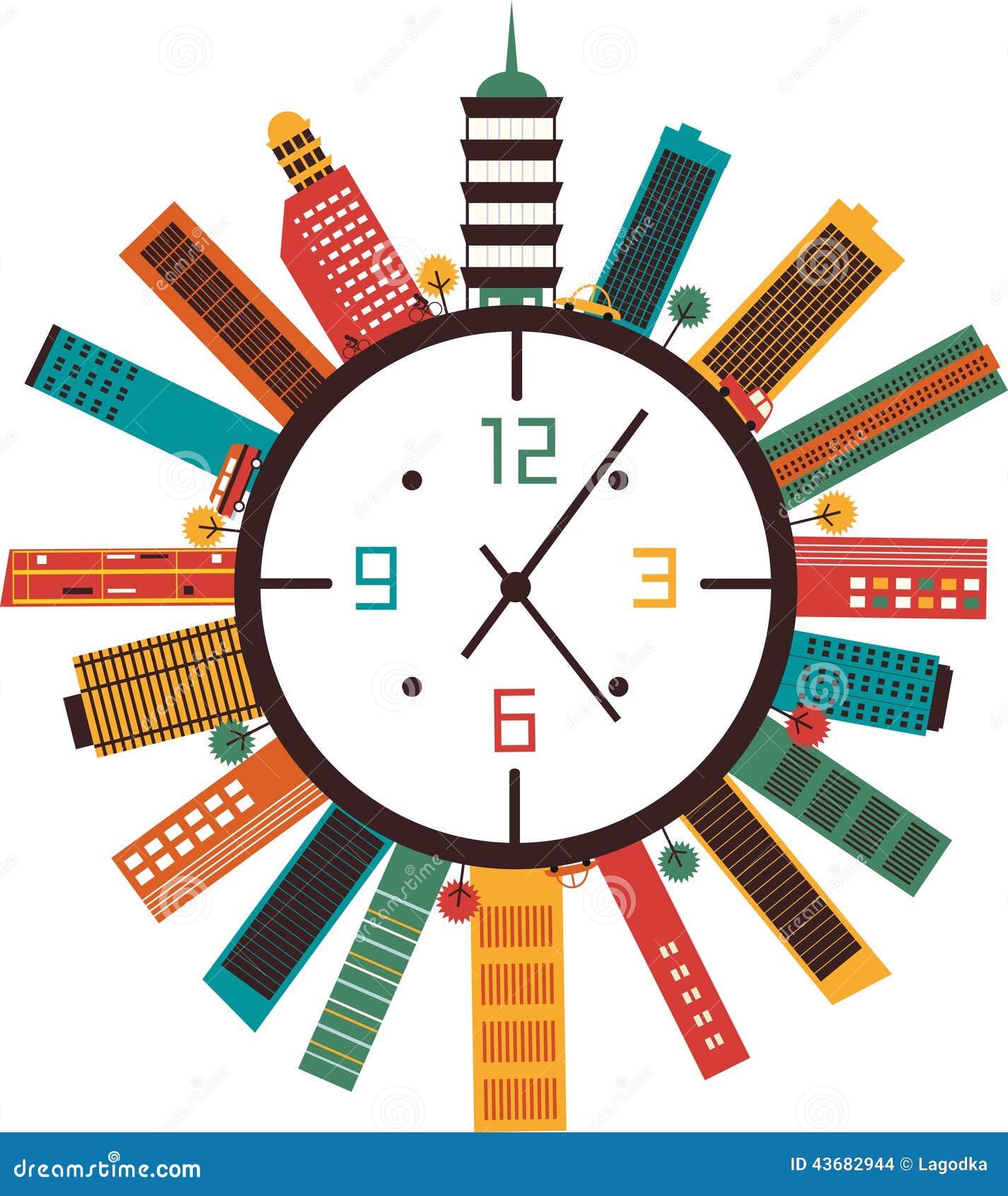 Clock with buildings. stock vector. Illustration of vector - 43682944