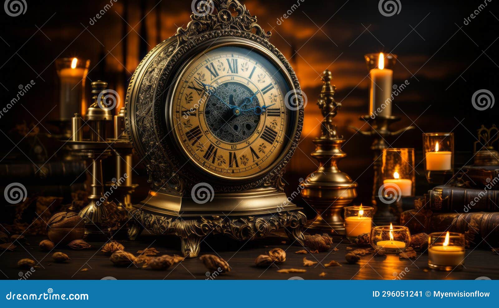 A Clock with Candles and Nuts Stock Illustration - Illustration of time ...