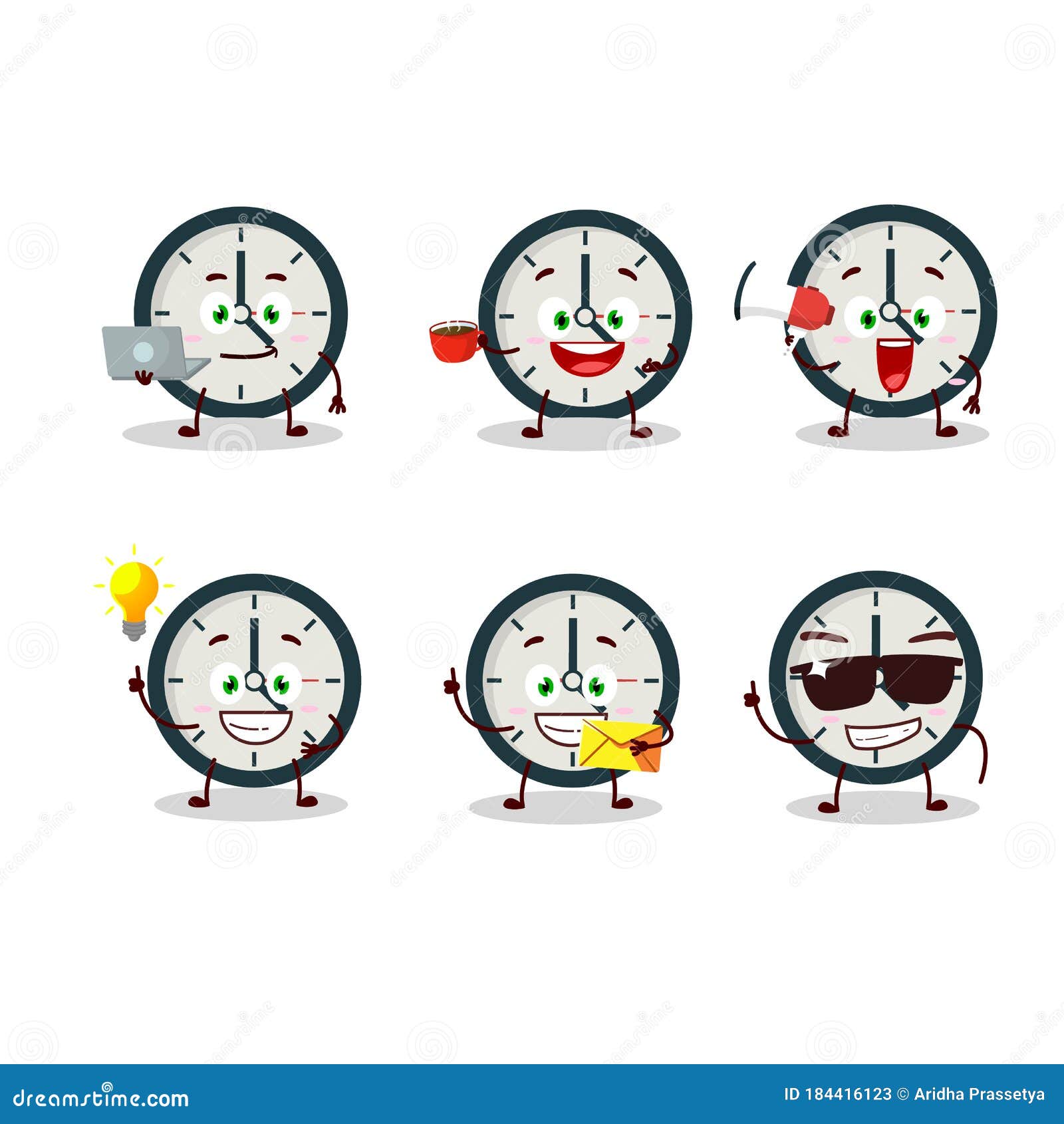Clock Cartoon Character with Various Types of Business Emoticons Stock ...
