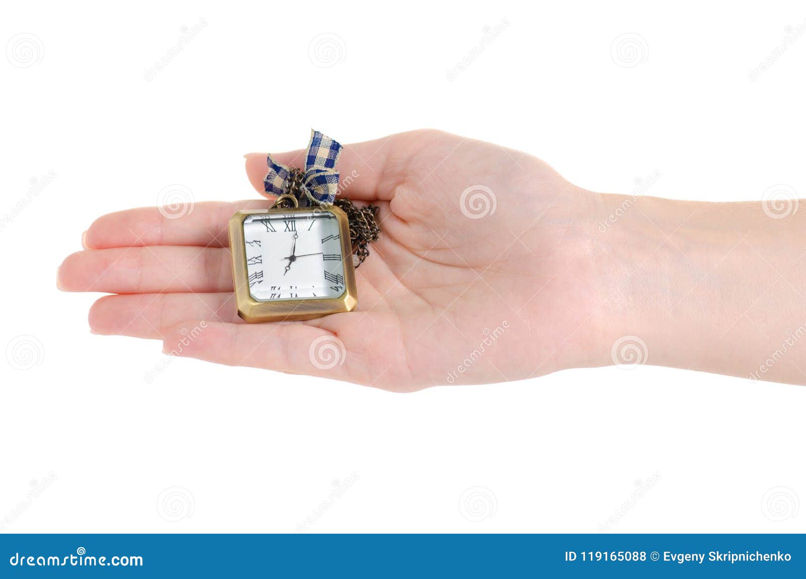 Clock on chain in hand stock photo. Image of minute - 119165088