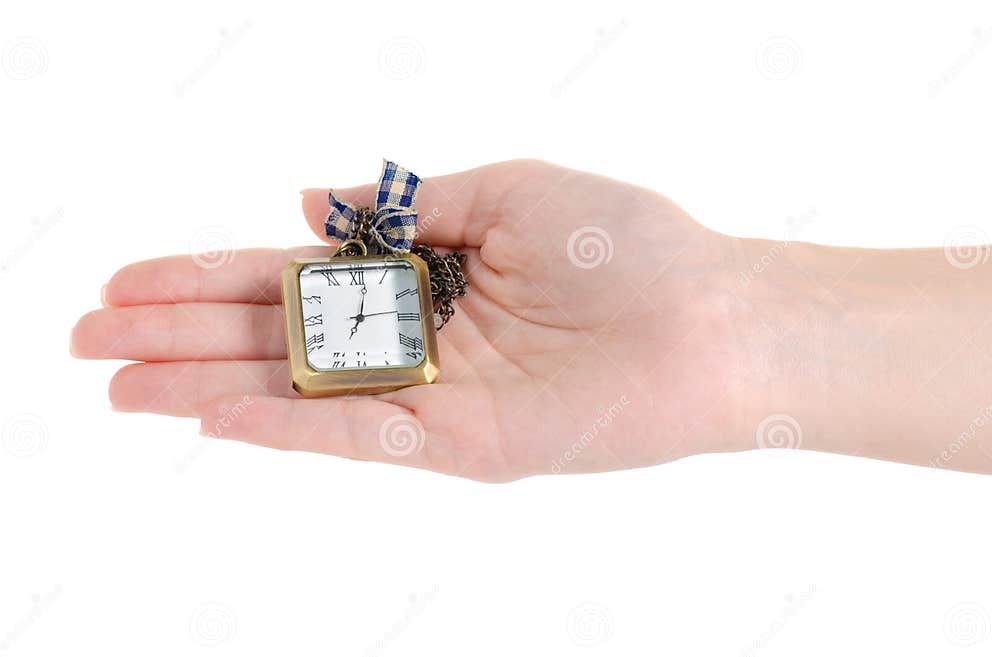 Clock on chain in hand stock photo. Image of minute - 119165088
