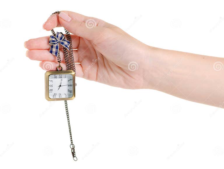 Clock on chain in hand stock photo. Image of concept - 119164818