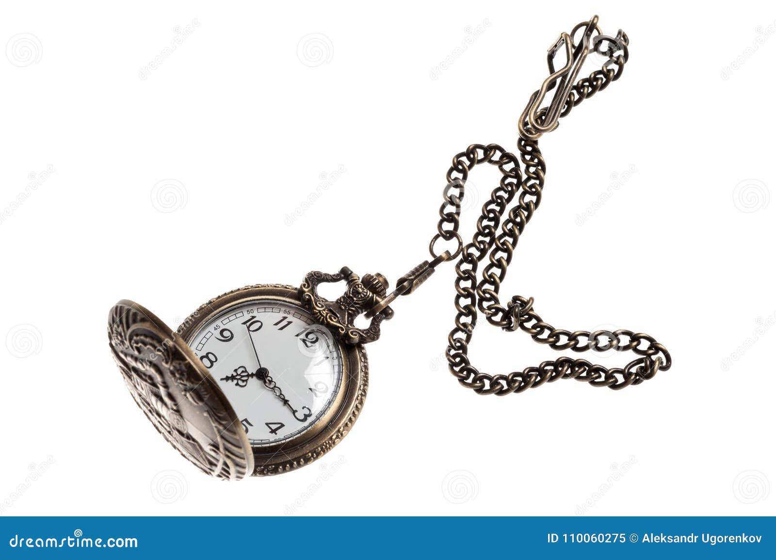 Clock on a chain on white stock image. Image of hour - 110060275