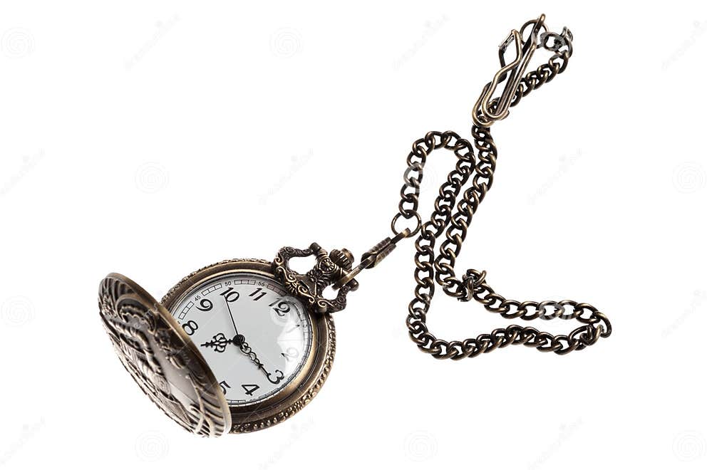 Clock on a chain on white stock image. Image of hour - 110060275