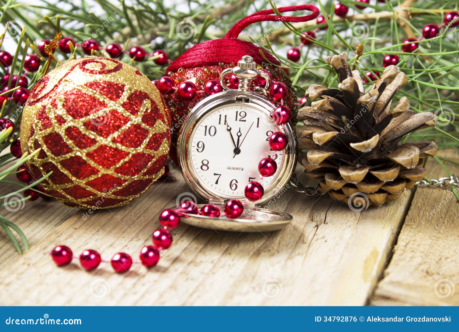 Clock and Christmas Decorations Stock Photo - Image of golden, frost ...