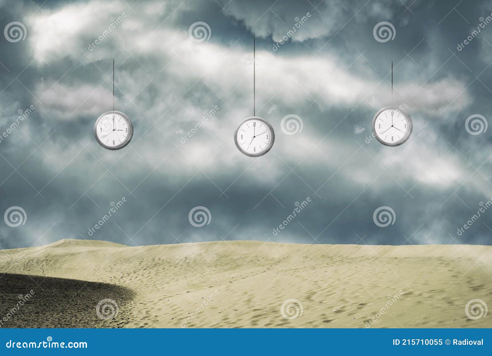 Clock from the Cloudy Sky, Over the Sand Dunes. Different Times. Time ...
