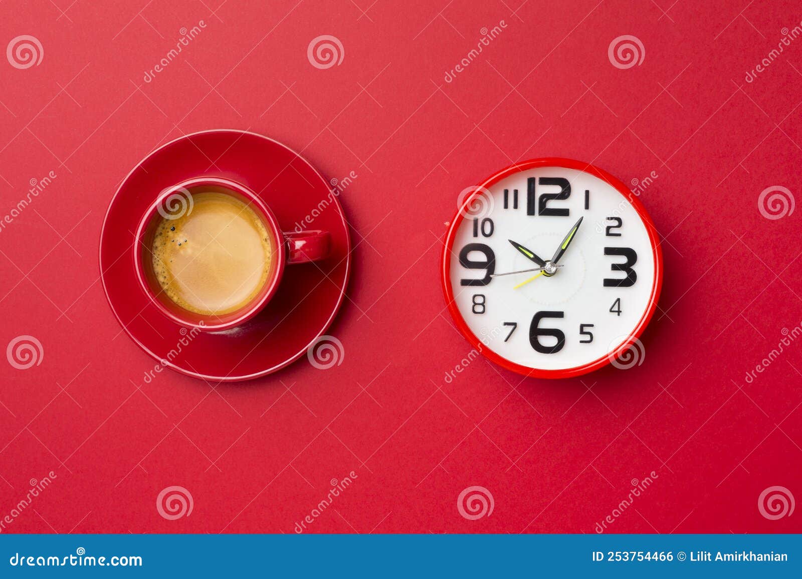 Clock and Coffee on Color Background, Top View Stock Photo - Image of ...