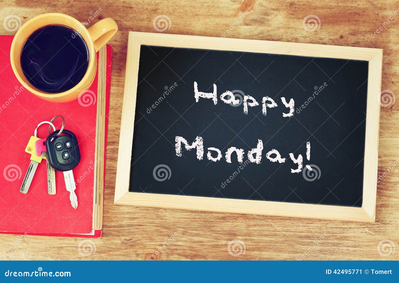 Clock, Coffee Cup and Blackboard with the Phrase Happy Monday! Stock ...