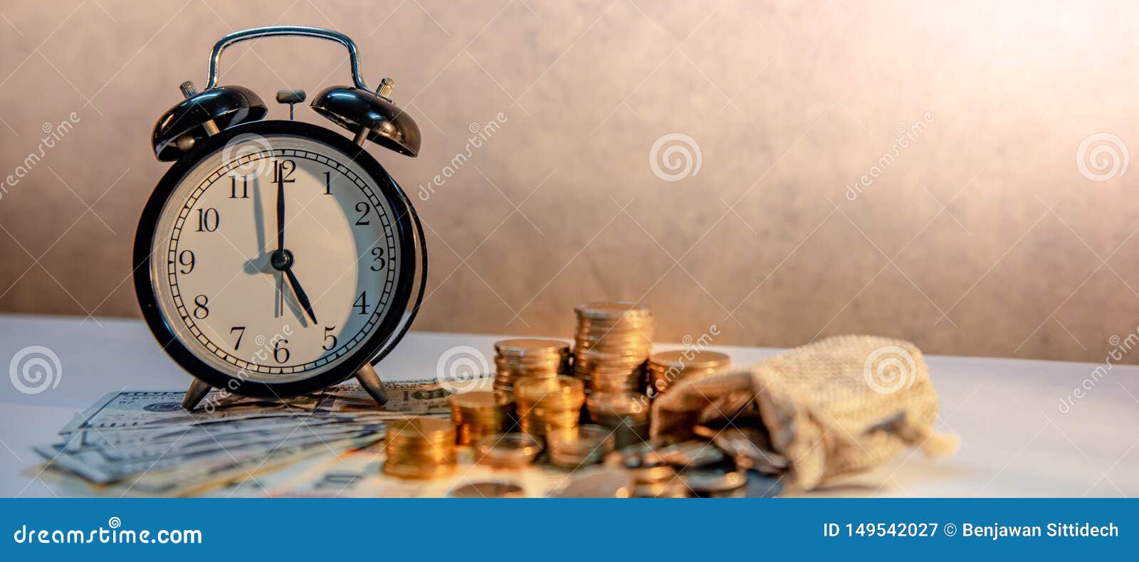 Clock and Coin Stack on Table. Time Investment Stock Image - Image of ...