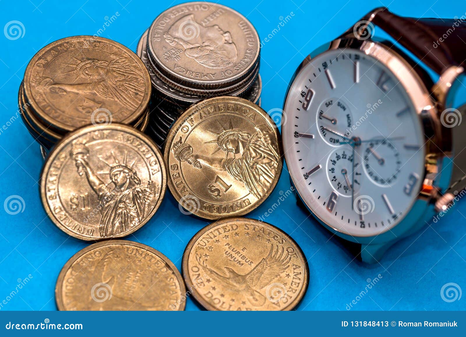 Clock with Coins on a Blue Background Stock Image - Image of currency ...
