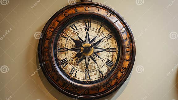 Clock and Compass Blend Timelessly on Wall, Marking Hours while Guiding ...