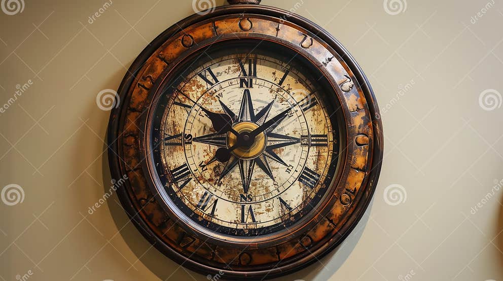 Clock and Compass Blend Timelessly on Wall, Marking Hours while Guiding ...