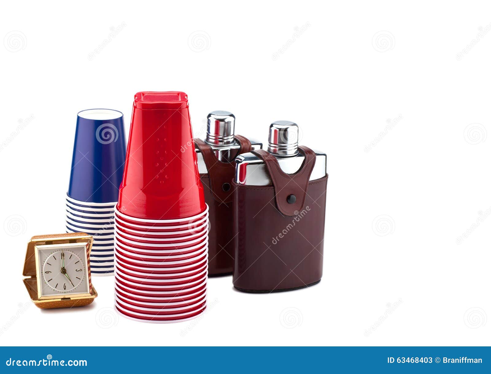A clock, cups and flasks stock image. Image of beverage - 63468403