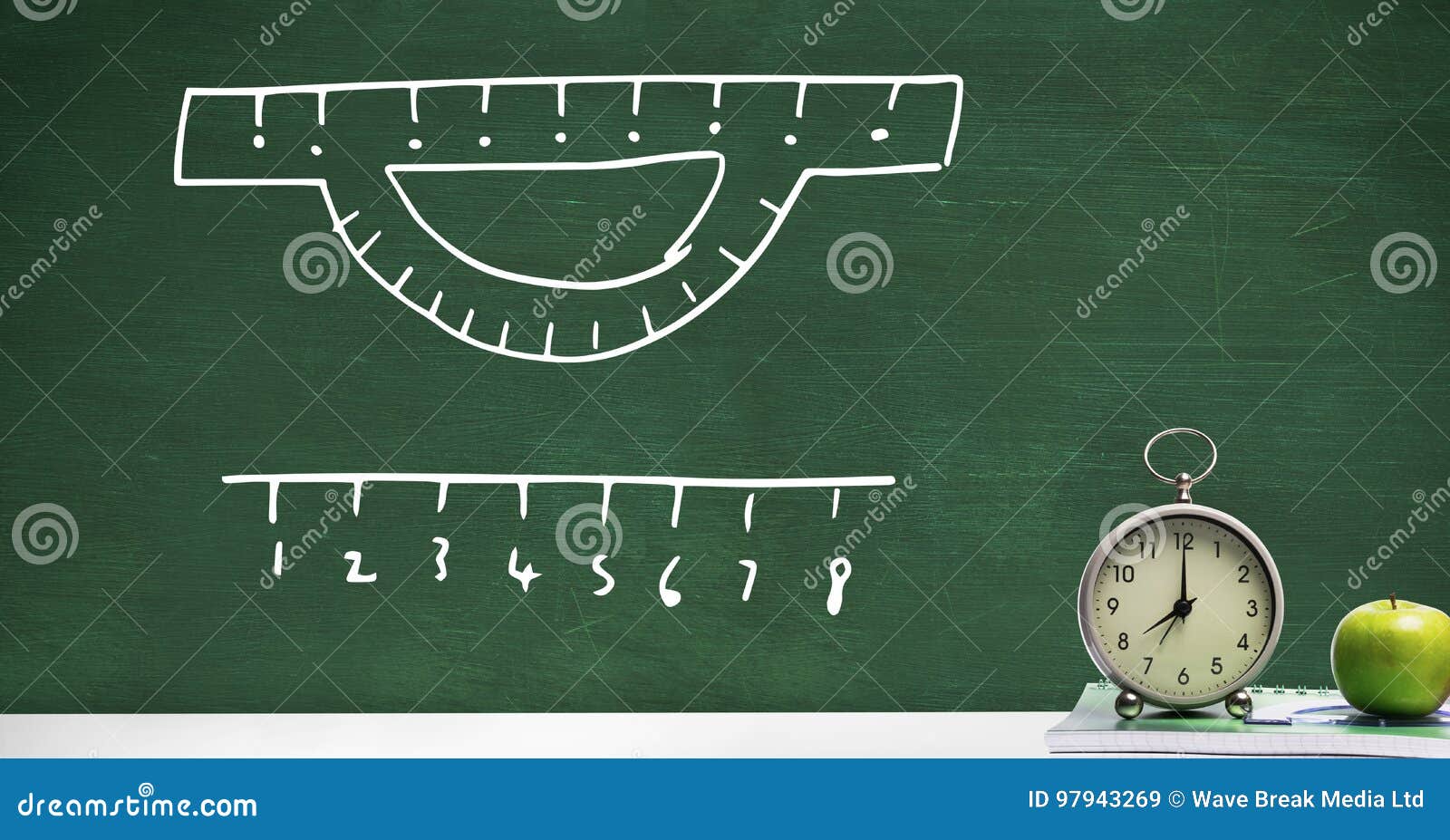 Clock on Desk Foreground with Blackboard Graphics of Measurement Rulers ...