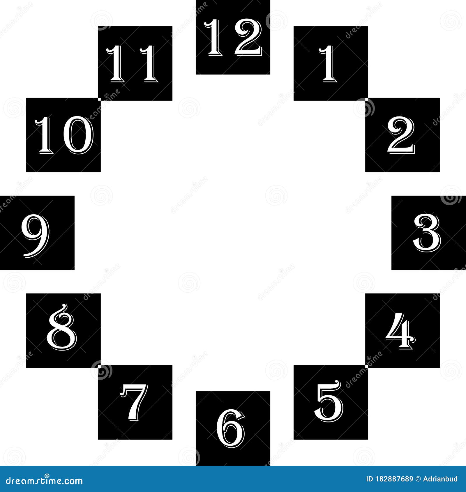 Clock Dial Gigantesque Negative Space Numbers On Square Cartoon Vector ...