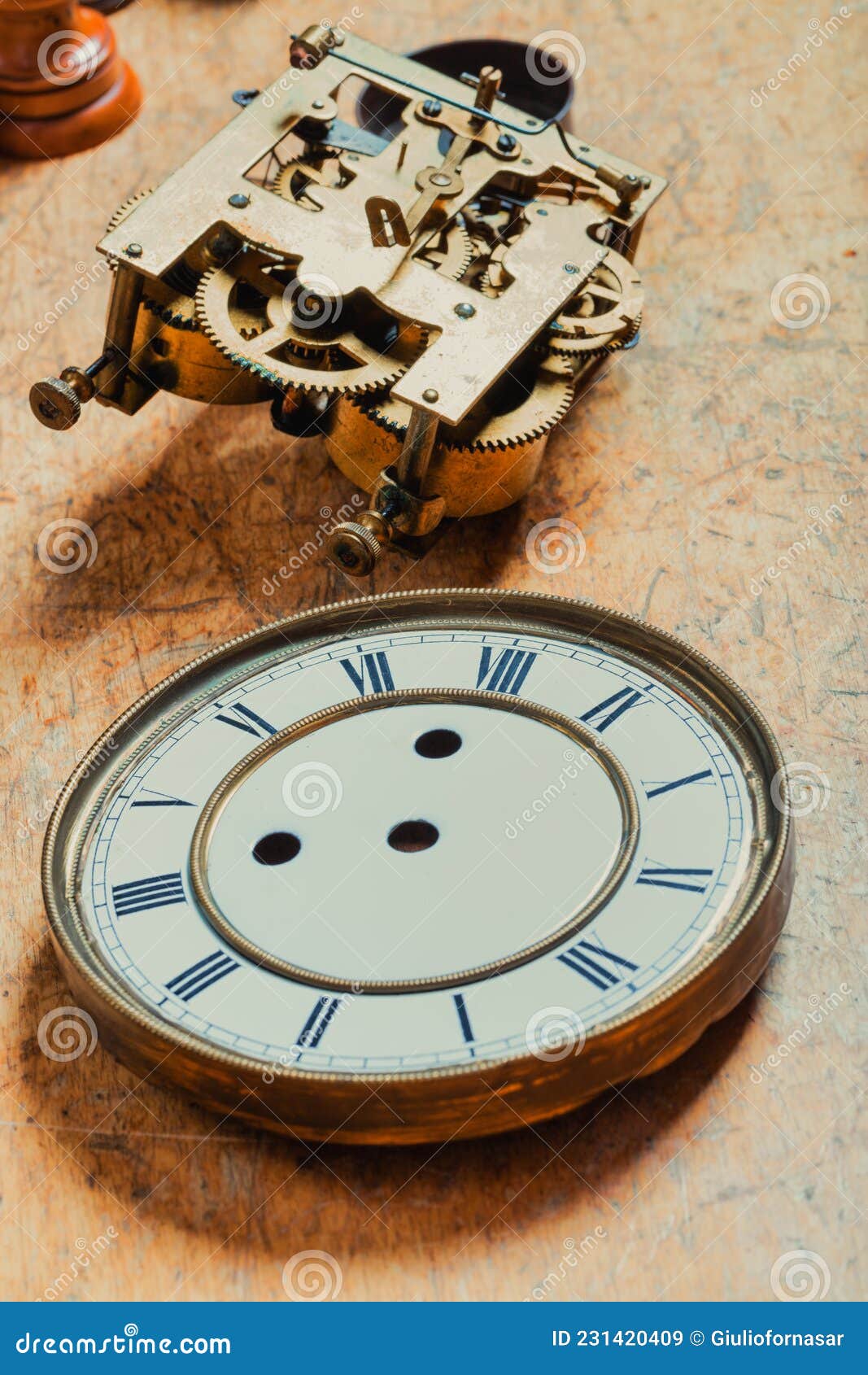 Clock Dial and Mechanism on a Clockmakers Workbench Stock Image - Image ...
