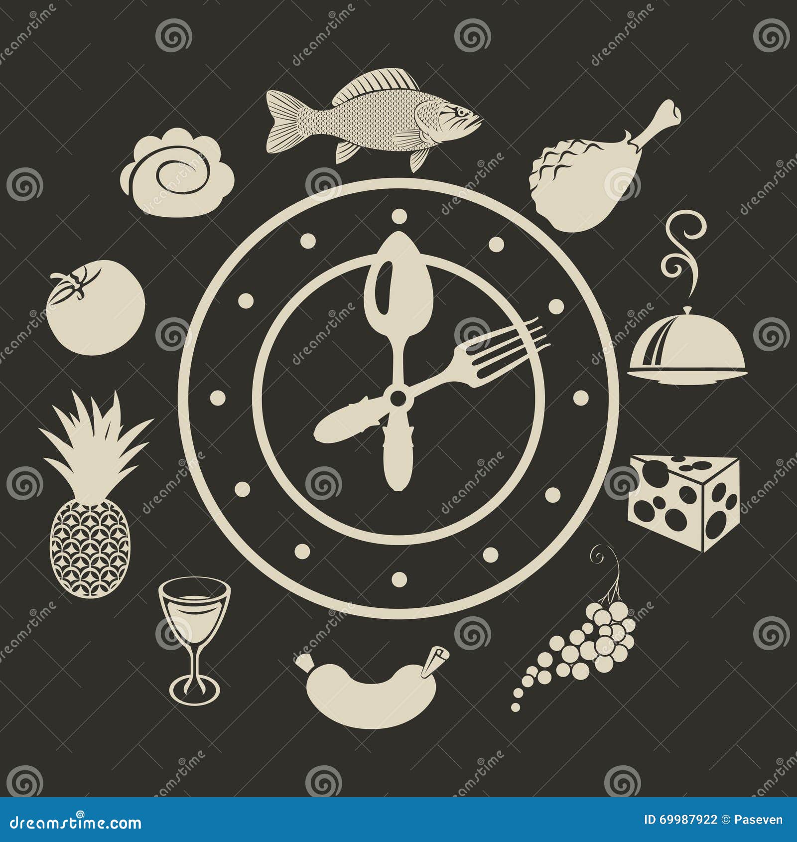 Clock and Different Dishes Menu Stock Vector - Illustration of fruit ...