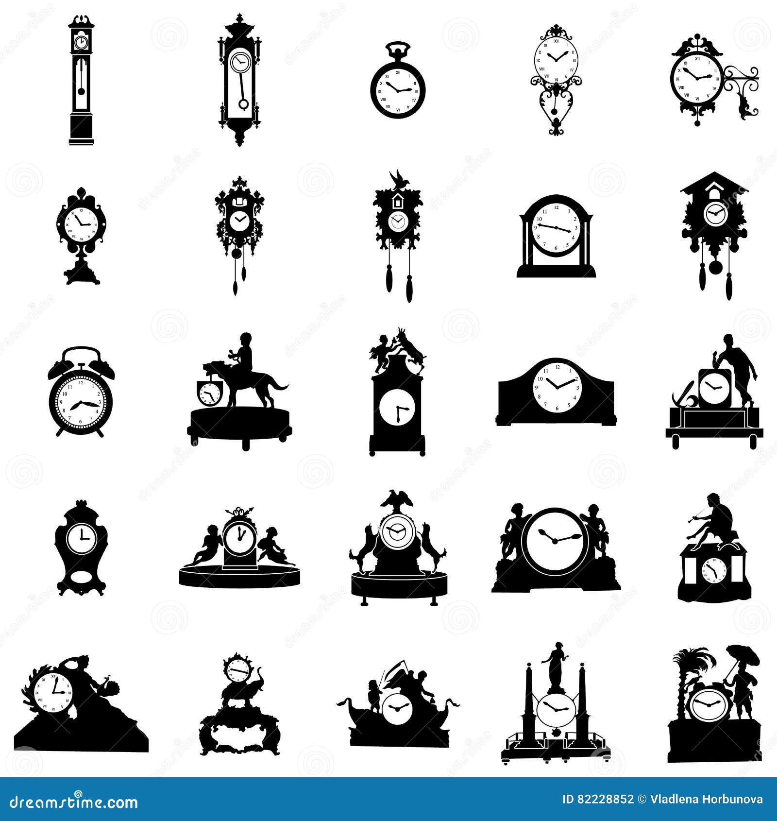Clock of Different Shapes. Silhouette Stock Vector - Illustration of ...