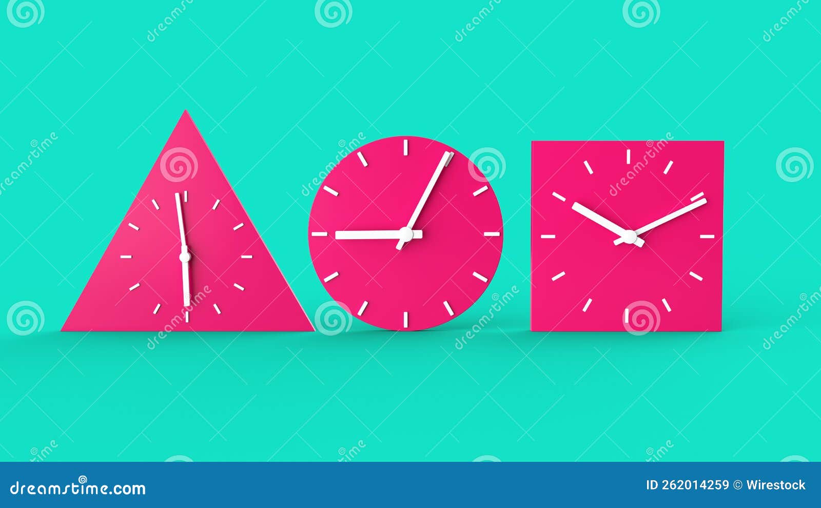 3D Rendering of Three Pink Clocks in Geometric Shapes Stock ...
