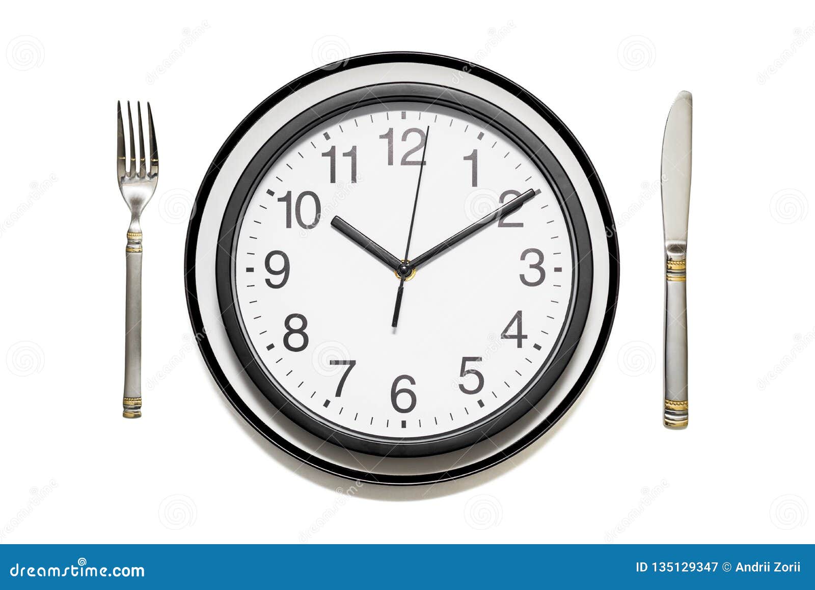 Clock Dinner Plate with a Fork and Knife on White Background. Clock on ...