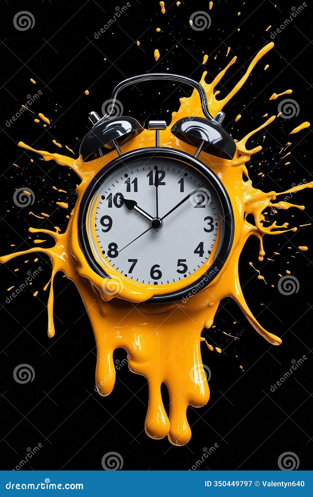 A Clock that is Dripping Orange Juice on a Black Background Stock ...