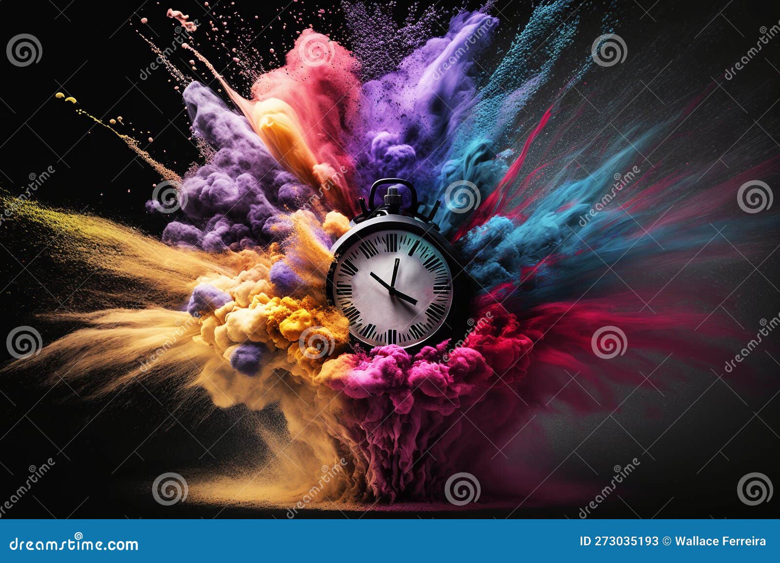 Clock Exploding with Colored Powder on Black Background. Generative AI ...