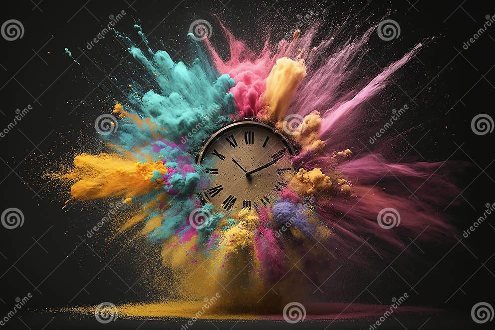 Clock Exploding with Colored Powder on Dark Background. Generative AI ...