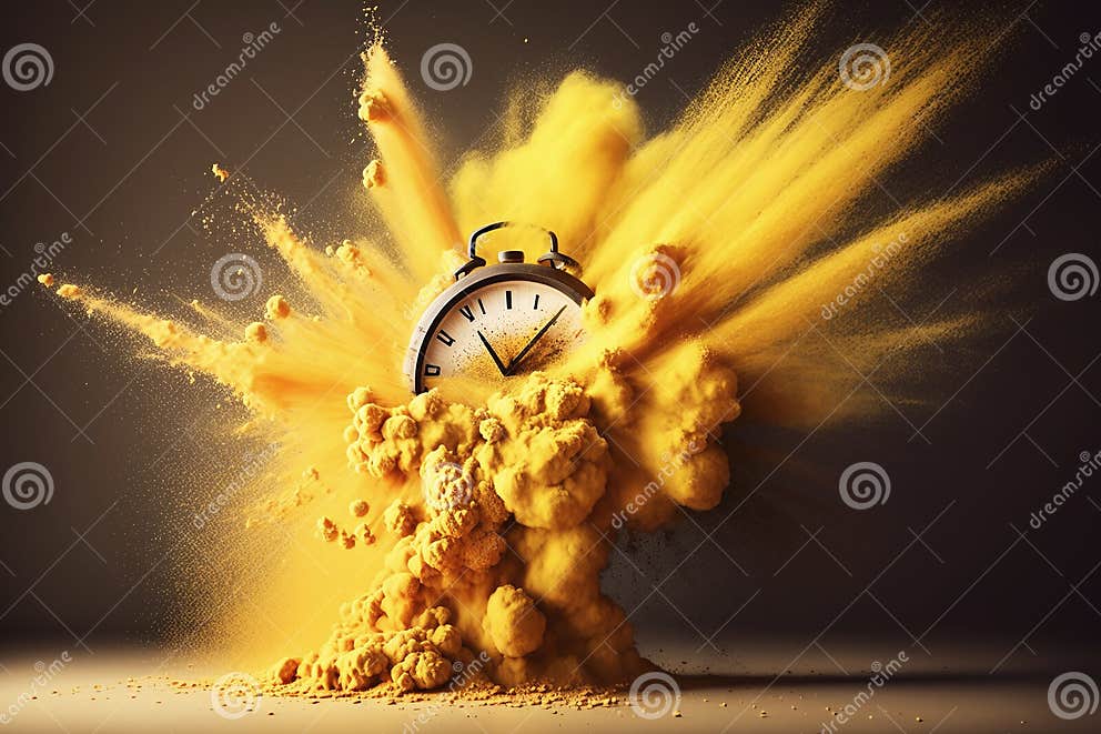 Clock Exploding with Flying Yellow Colored Powder. Generative AI. Stock ...