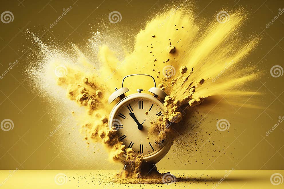 Clock Exploding with Flying Yellow Colored Powder on Dark Background ...